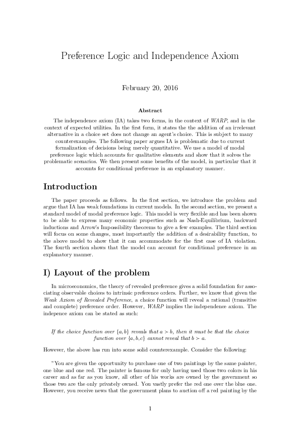 Pdf Preference Logic And Independence Axiom 
