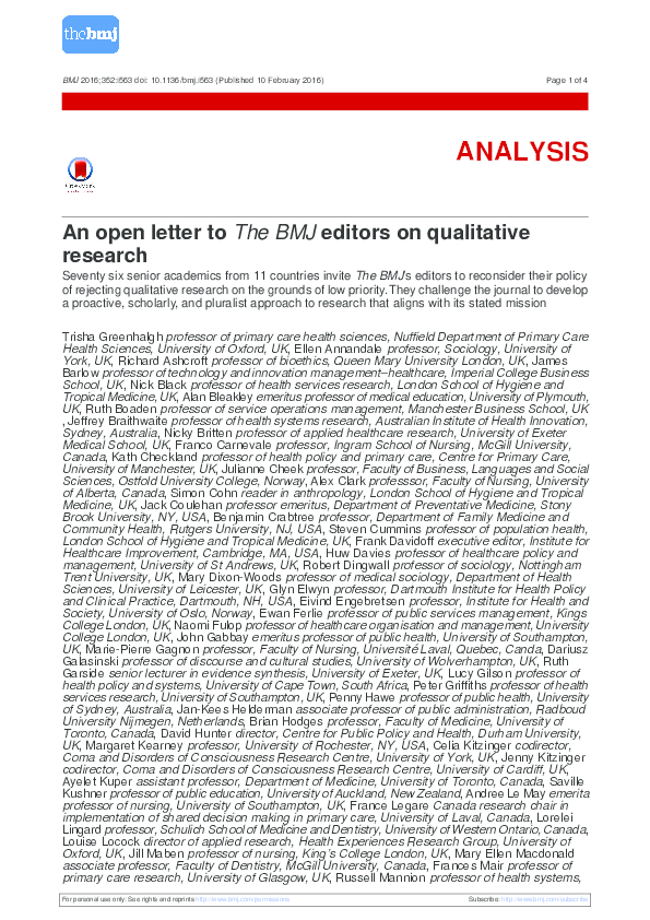 (PDF) An open letter to The BMJ editors on qualitative research