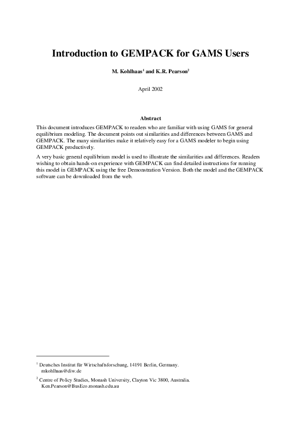 (PDF) Introduction to GEMPACK for GAMS Users