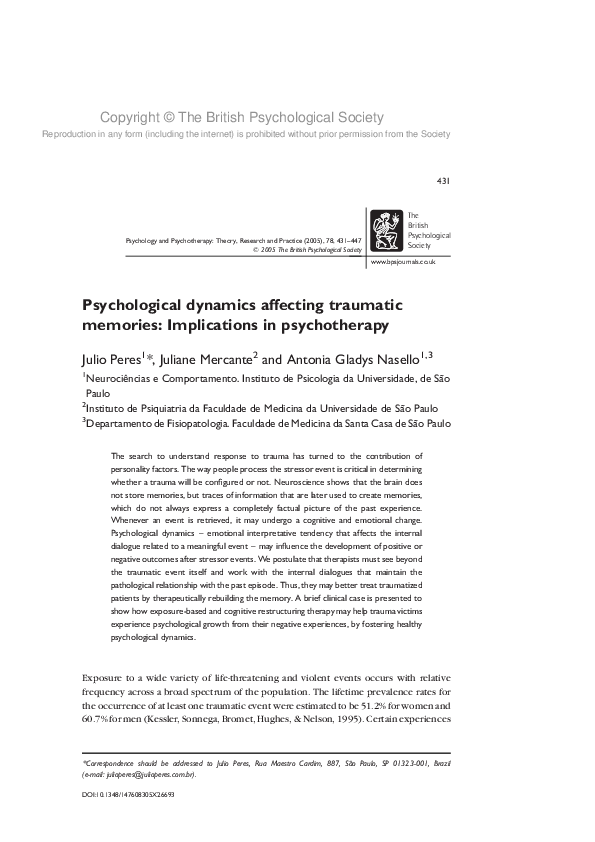 (PDF) Psychological dynamics affecting traumatic memories: implications in psychotherapy