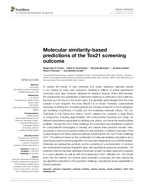 (PDF) Molecular similarity-based predictions of the Tox21 screening outcome