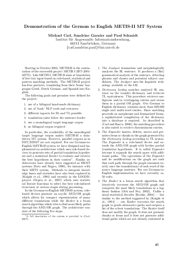 (PDF) Demonstration of the German to English METIS-II MT system