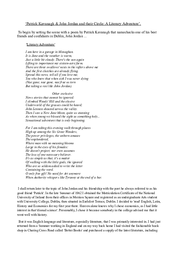 Patrick Kavanagh, John Jordan and their Circle: A Literary Adventure