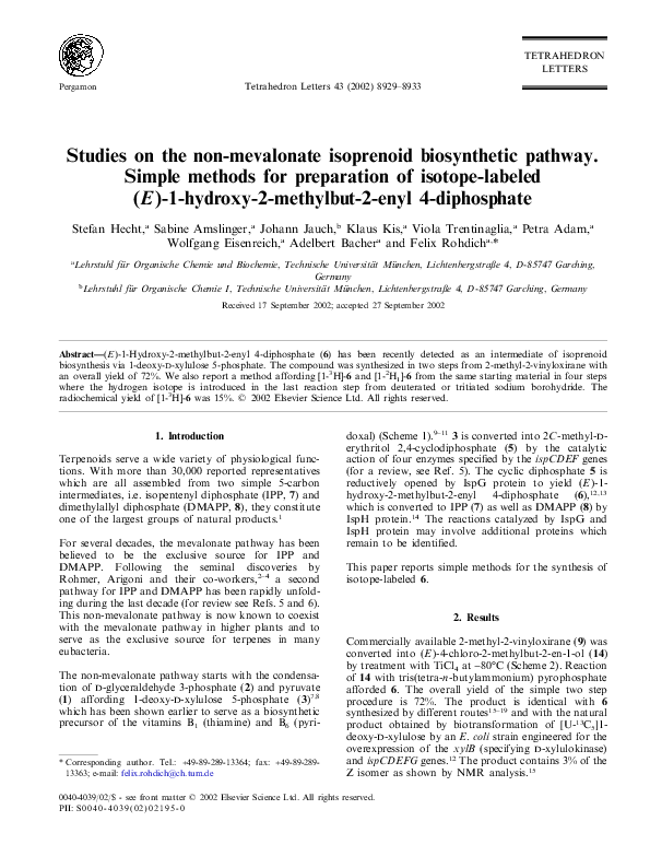 (PDF) Studies on the non-mevalonate isoprenoid biosynthetic pathway ...