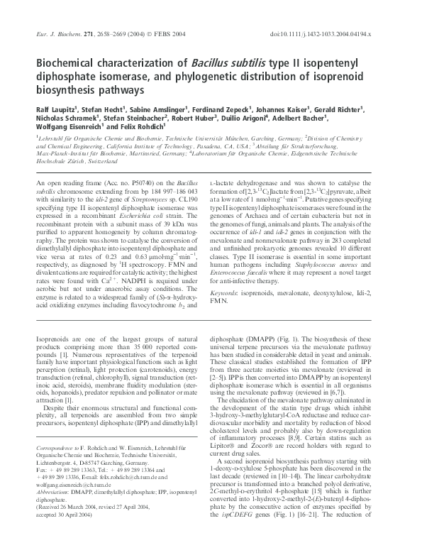 (PDF) Biochemical characterization of Bacillus subtilis type II isopentenyl diphosphate ...