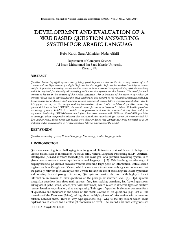 (PDF) DEVELOPEMNT AND EVALUATION OF A WEB BASED QUESTION ANSWERING ...