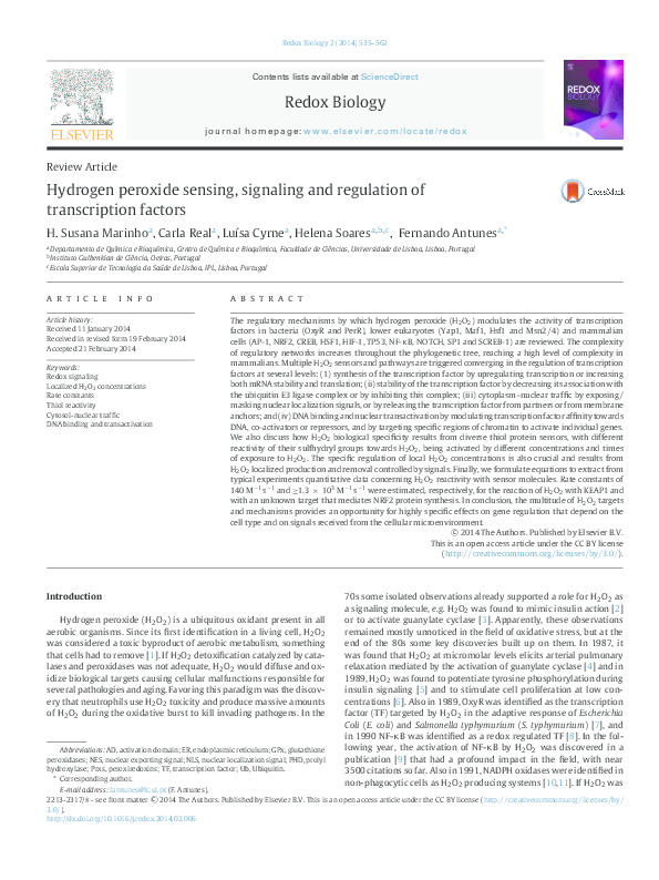 (PDF) Hydrogen peroxide sensing, signaling and regulation of ...