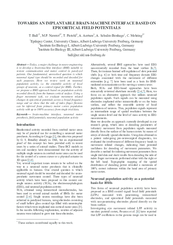 (PDF) Implantable Brain-Machine Interface Using Epicortical Signals