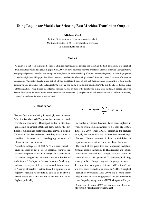 (PDF) Using Log-linear Models for Selecting Best Machine Translation Output