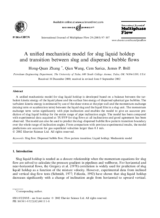 (PDF) A unified mechanistic model for slug liquid holdup and transition between slug and ...