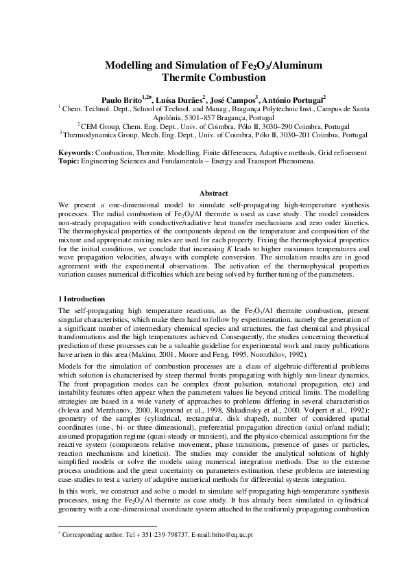 Pdf Modelling And Simulation Of Fe2o3 Aluminum Thermite Combustion Experimental Validation