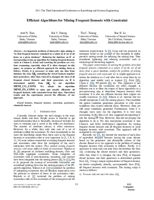 Pdf Efficient Algorithms For Mining Frequent Itemsets With Constraint 9251