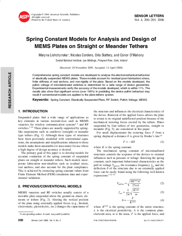 (PDF) Spring Constant Models for Analysis and Design of MEMS Plates on ...