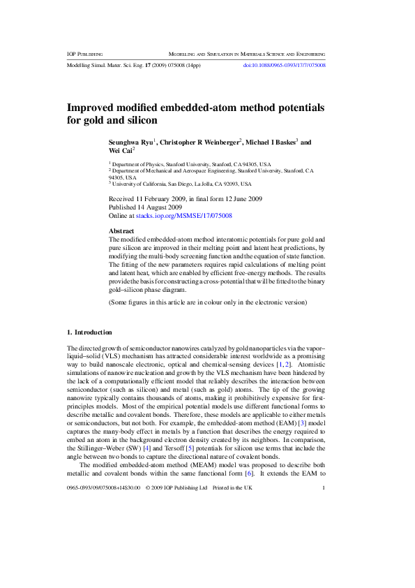 (PDF) Improved modified embedded-atom method potentials for gold and ...