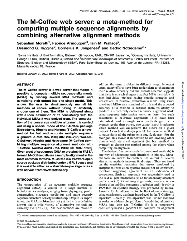 (PDF) The M-Coffee web server: a meta-method for computing multiple sequence alignments by ...