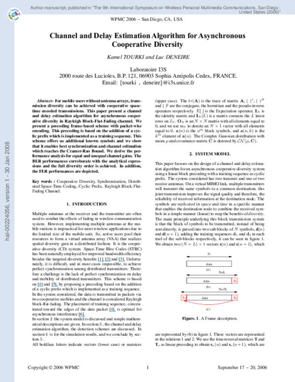 (PDF) Channel and Delay Estimation Algorithm for Asynchronous Cooperative Diversity