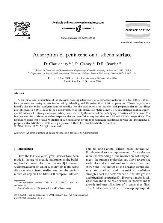 (PDF) Adsorption of pentacene on a silicon surface | Paulette Clancy ...