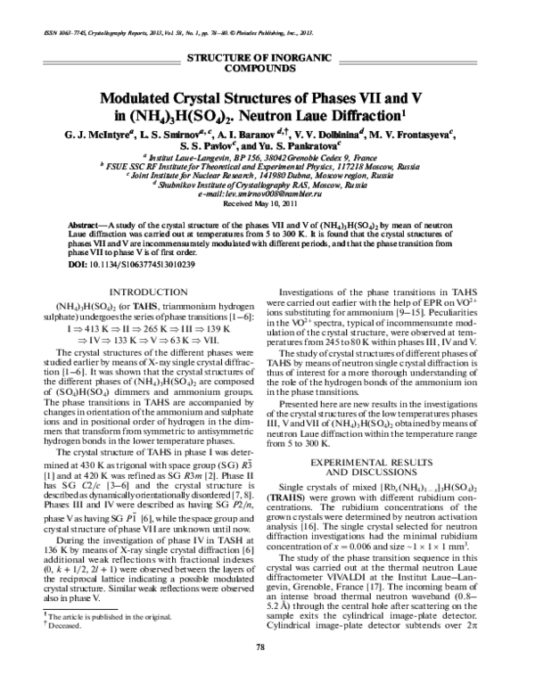 (PDF) Modulated crystal structures of phases VII and V in (NH4)3H(SO4)2. Neutron Laue ...
