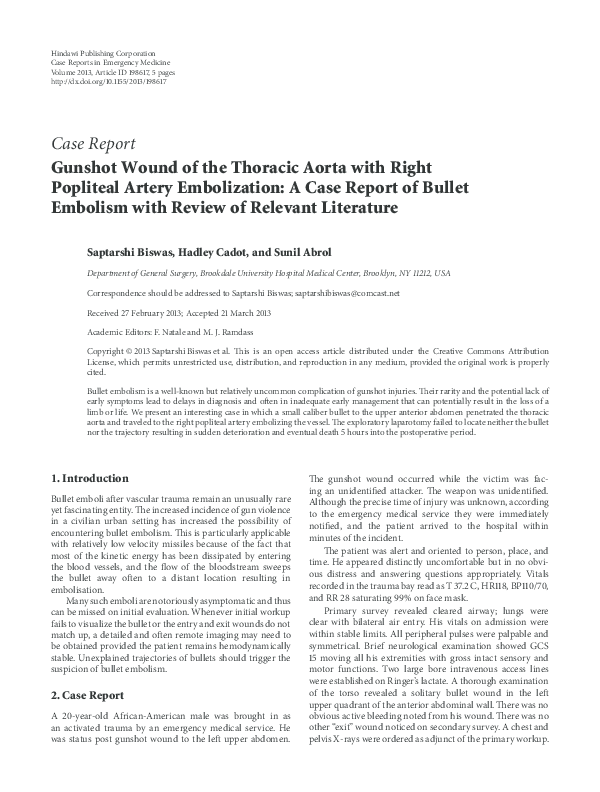 (PDF) Gunshot Wound of the Thoracic Aorta with Right Popliteal Artery ...