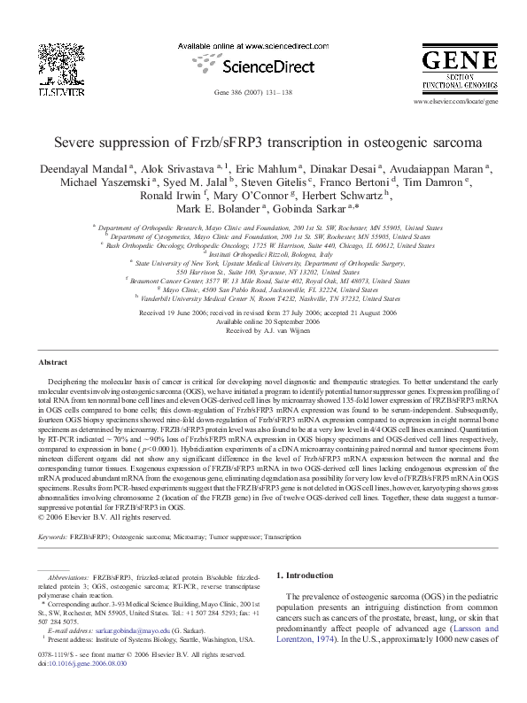 (PDF) Severe suppression of Frzb/sFRP3 transcription in osteogenic sarcoma