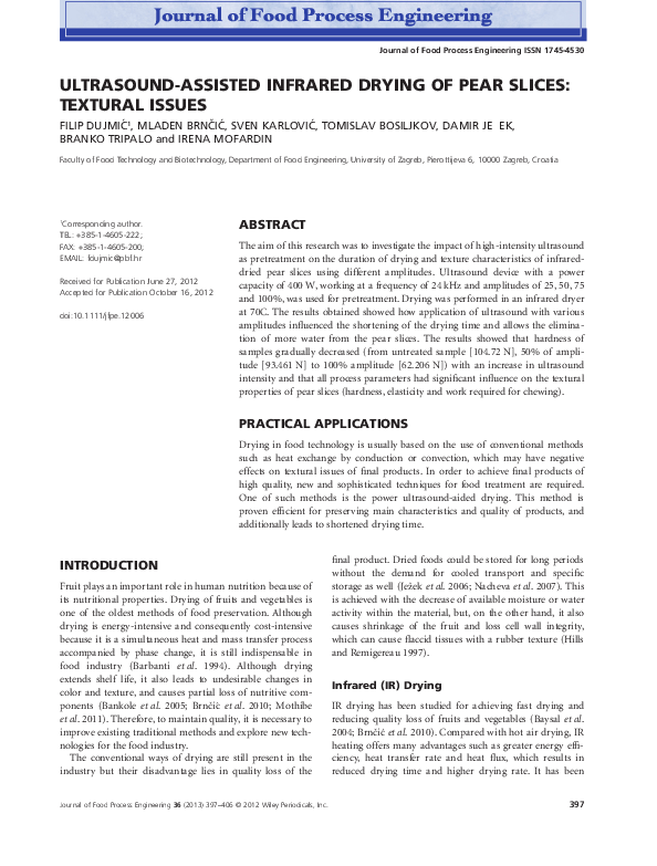 (PDF) Ultrasound-Assisted Infrared Drying of Pear Slices: Textural Issues