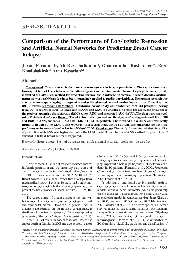 Pdf Comparison Of The Performance Of Log Logistic Regression And Artificial Neural Networks