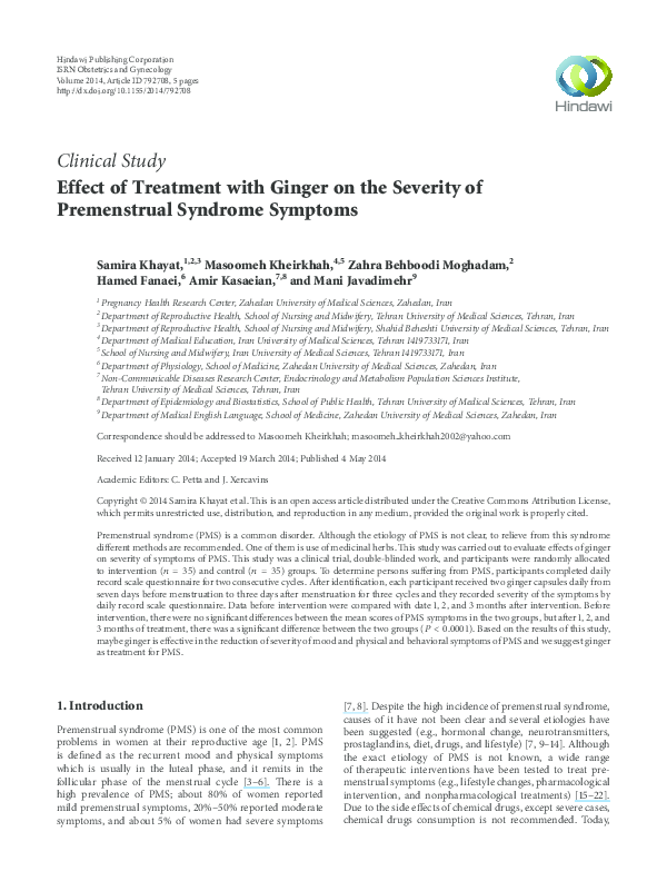 (PDF) Effect of treatment with ginger on the severity of premenstrual ...