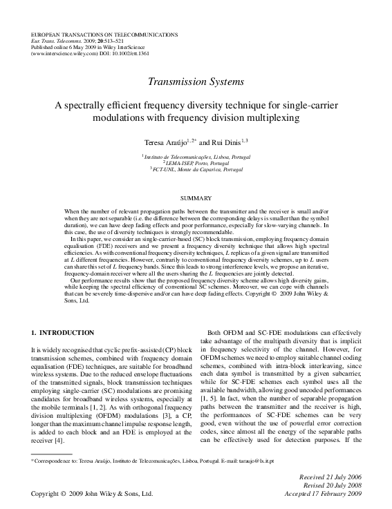 Pdf A Spectrally Efficient Frequency Diversity Technique For Single