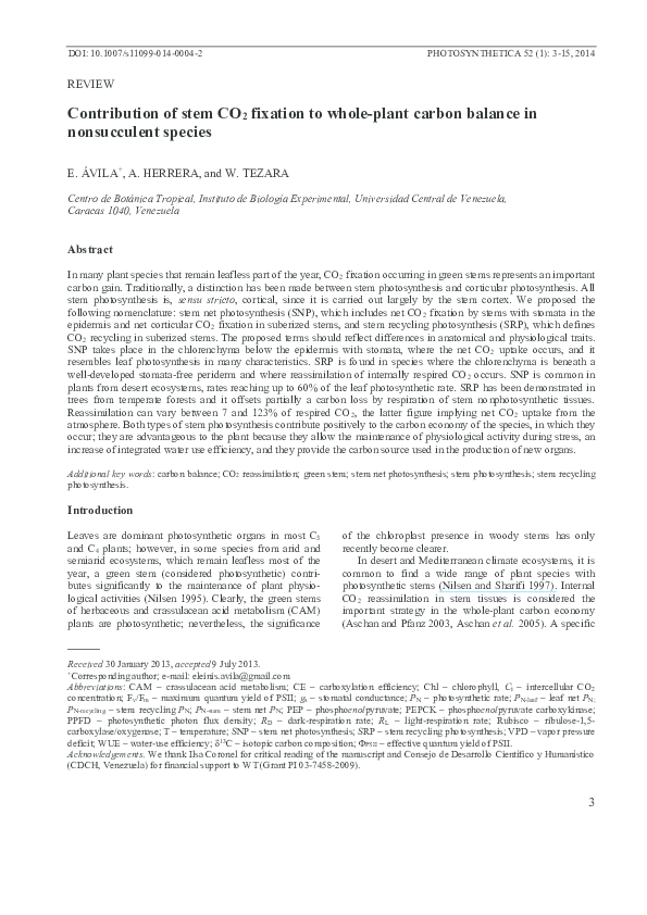 (PDF) Contribution of stem CO2 fixation to whole-plant carbon balance ...