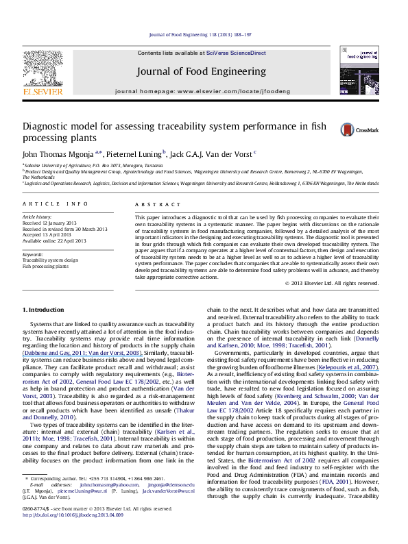 (PDF) Diagnostic model for assessing traceability system performance in ...