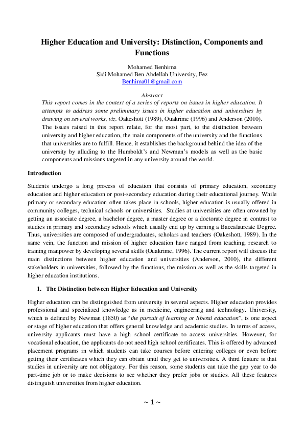 (PDF) Higher Education and University: Distinctions, Components and ...