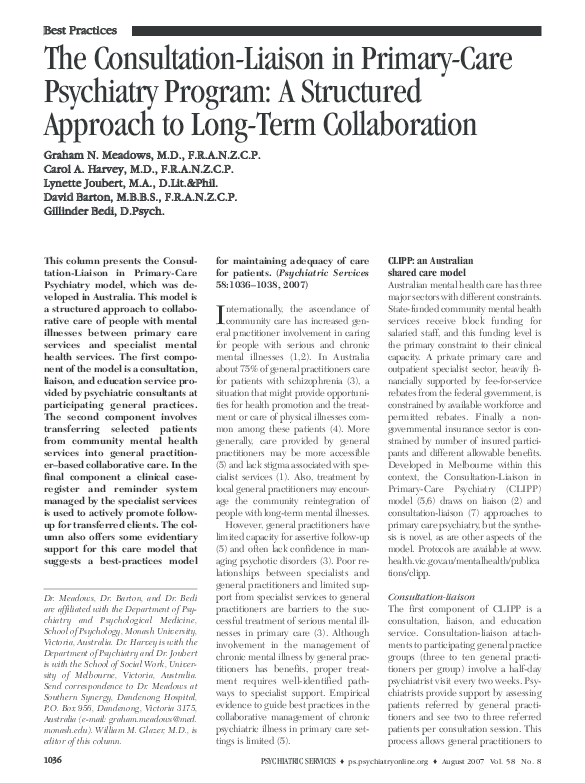 (PDF) Best Practices: The Consultation-Liaison in Primary-Care ...