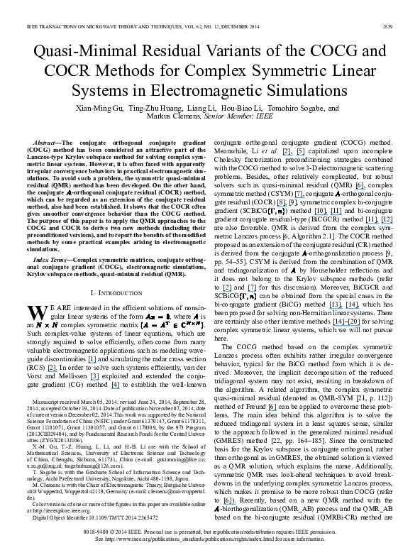 (PDF) Quasi-Minimal Residual Variants of the COCG and COCR Methods for Complex Symmetric Linear ...