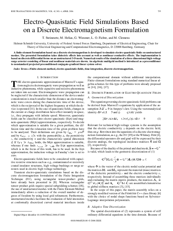 (PDF) Electro-quasistatic field simulations based on a discrete electromagnetism formulation