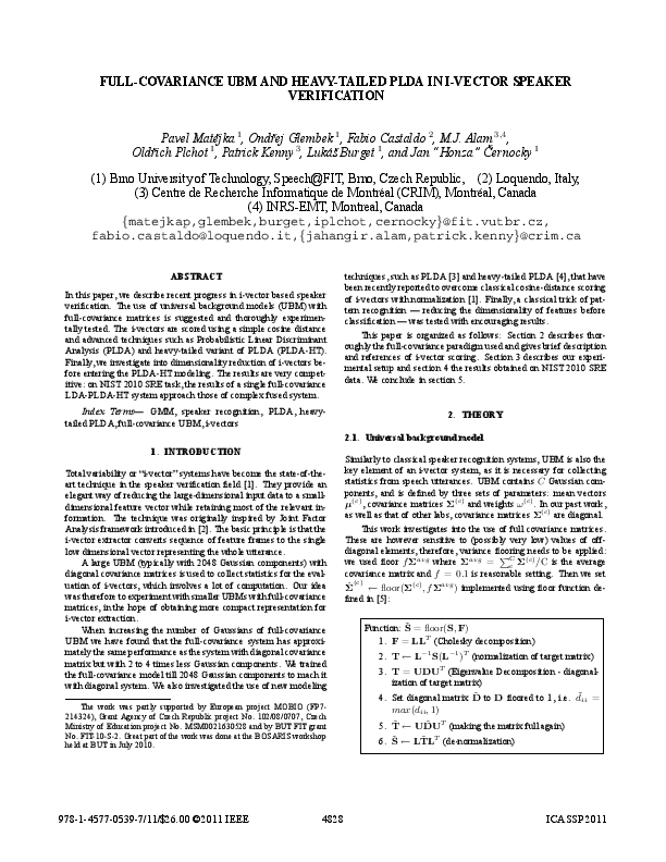 Pdf Full Covariance Ubm And Heavy Tailed Plda In I Vector Speaker