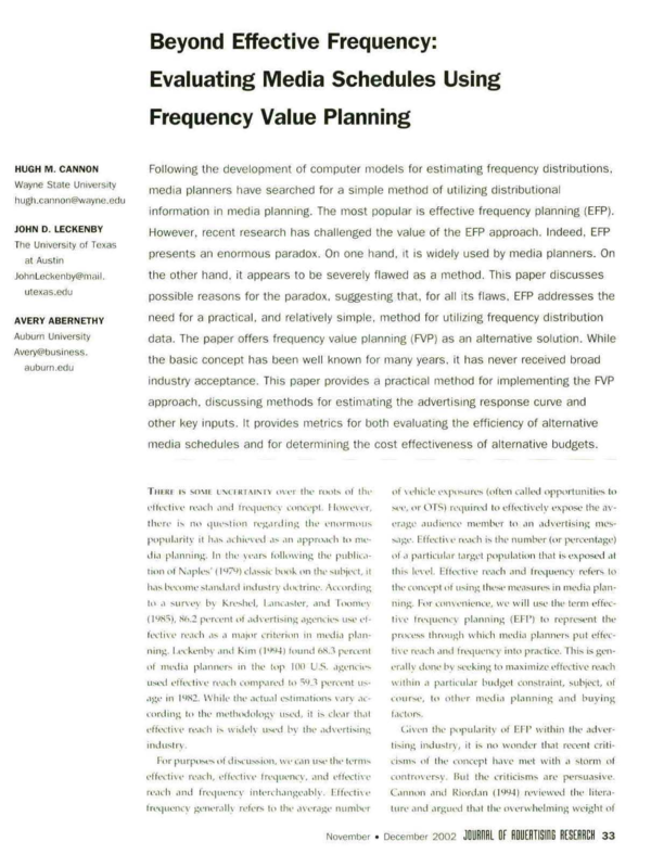 (PDF) Beyond effective frequency: Evaluating media schedules using ...