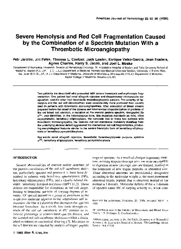 (PDF) Severe hemolysis and red cell fragmentation caused by the ...