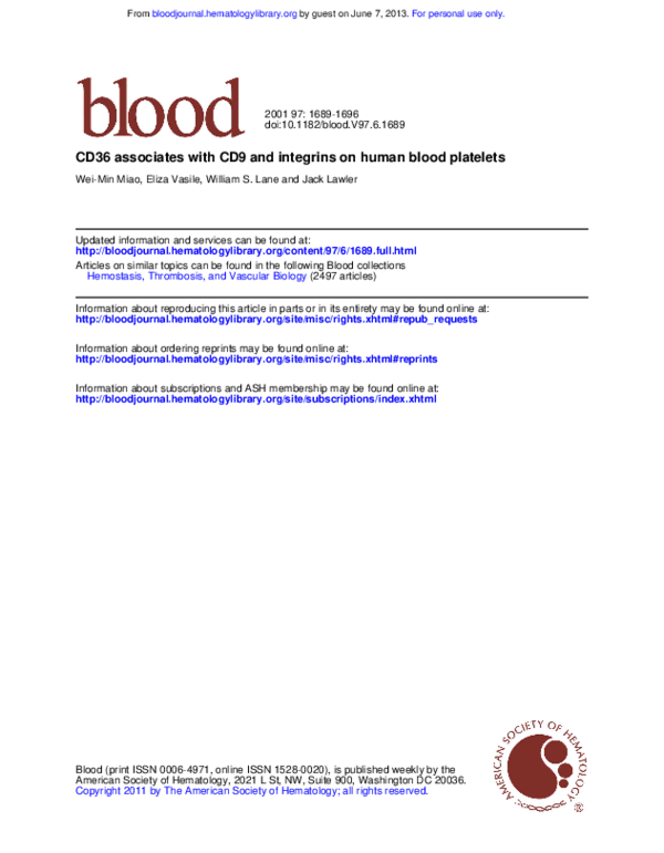 (PDF) CD36 associates with CD9 and integrins on human blood platelets
