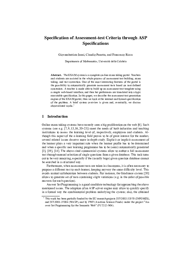 (PDF) Specification of Assessment-test Criteria through ASP Specifications