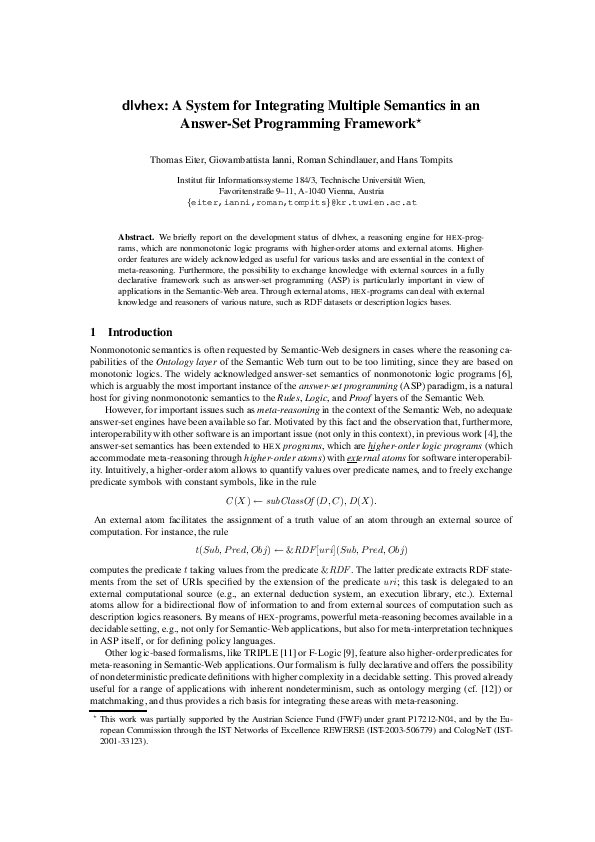 (PDF) dlvhex: A System for Integrating Multiple Semantics in an Answer-Set Programming Framework