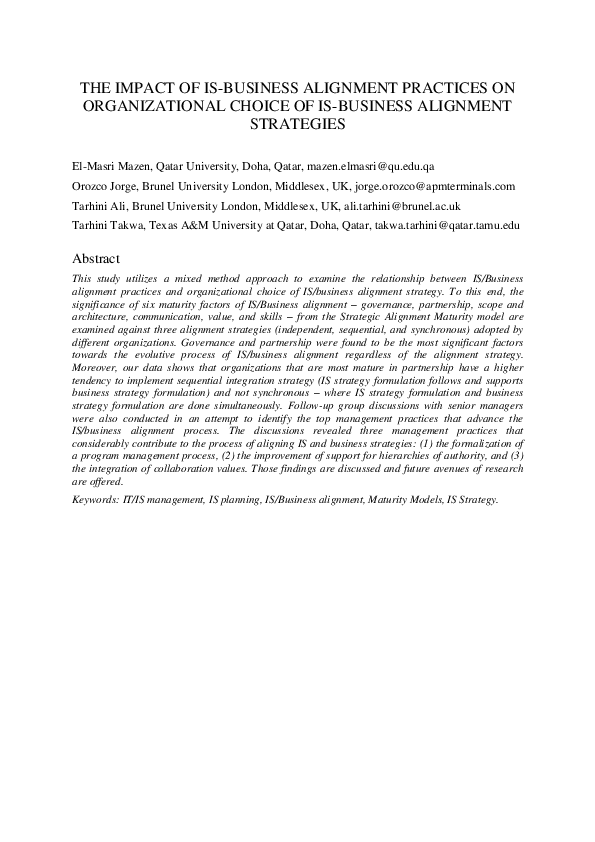(PDF) The Impact of IS-Business Alignment Practices on Organizational ...