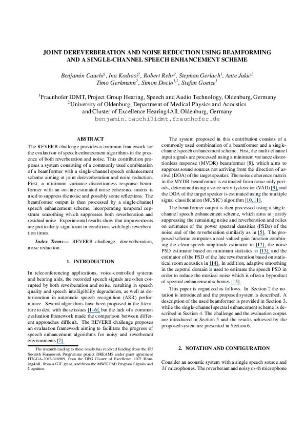 (PDF) Joint dereverberation and noise reduction using beamforming and a single-channel speech ...