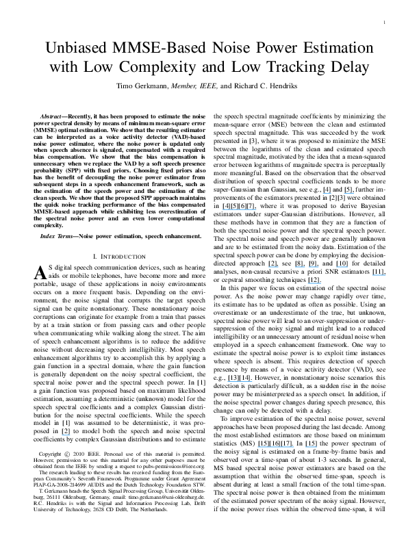 Pdf Unbiased Mmse Based Noise Power Estimation With Low Complexity