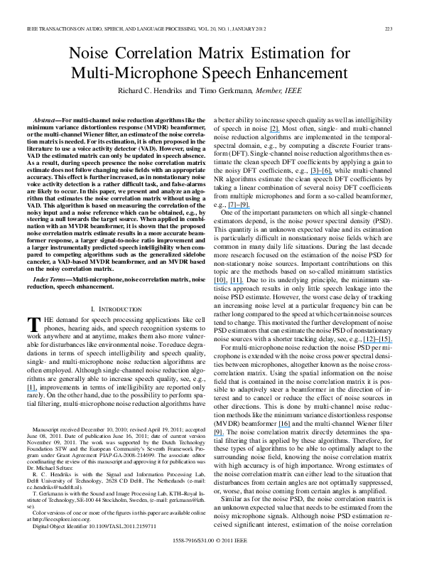 Pdf Noise Correlation Matrix Estimation For Multi Microphone Speech