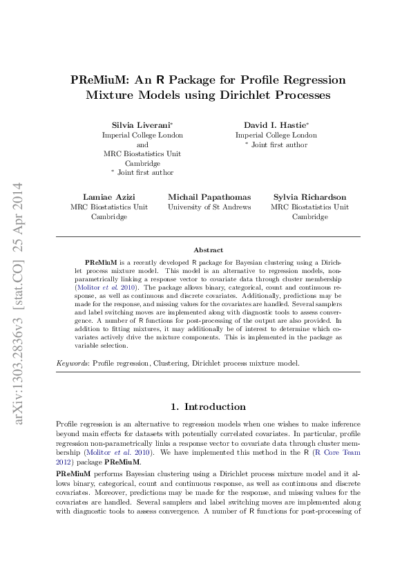 (PDF) PReMiuM: An R Package for Profile Regression Mixture Models using Dirichlet Processes