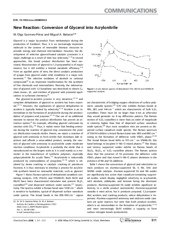 (PDF) New Reaction: Conversion of Glycerol into Acrylonitrile