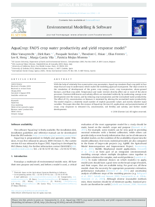 (PDF) AquaCrop: FAO's crop water productivity and yield response model