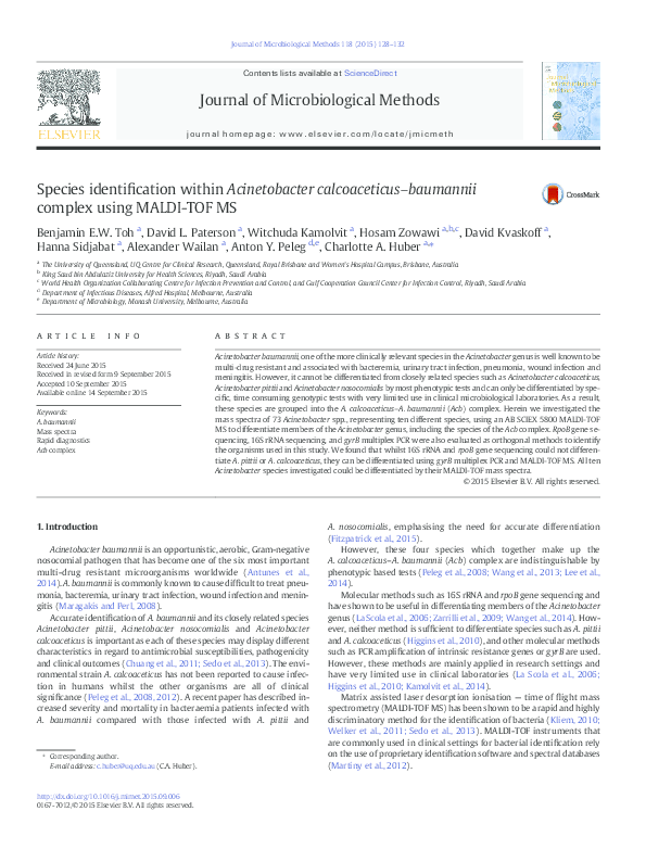 (PDF) MALDI-TOF MS for Identifying Acinetobacter Species