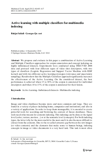 Pdf Active Learning With Multiple Classifiers For Multimedia Indexing