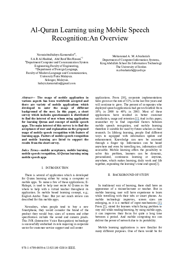 (PDF) Al-quran learning using mobile speech recognition: An overview